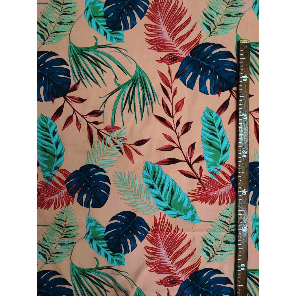 D#BL1 ลายใบไม้ใหญ่ ไหมอิตาลี ผ้าโพลี ผ้าพิมพ์ หน้ากว้าง 58 นิ้ว (ขาย ...