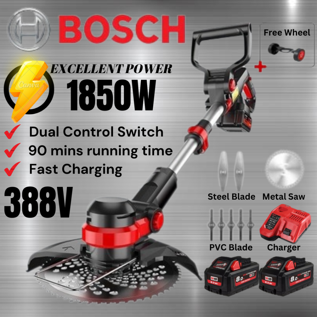 BOSCH บ๊อช เครื่องตัดหญ้าไฟฟ้าไร้สายทรงพลัง 388V ที่กันจอนหญ้าแบตเตอรี่ ...