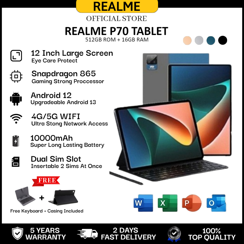 Realme P70 Tab (512 ROM+16RAM) โปรเซสเซอร์ Snapdragon 865 การ์ด Dual SIM Android 12.0 รับประกัน ...