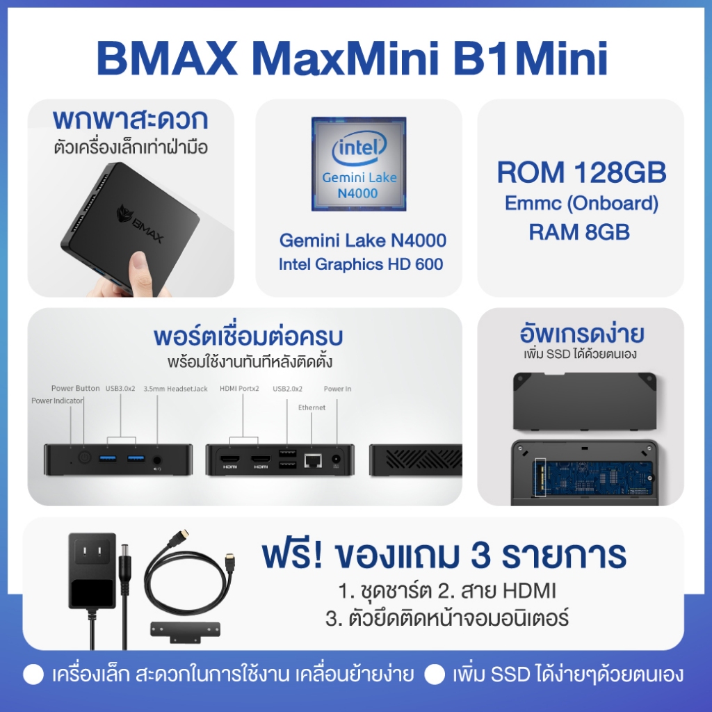 (NEW 2024) BMAX B1 Mini มินิ พีซี Mini PC Intel N4000 RAM 8GB + 128GB ...