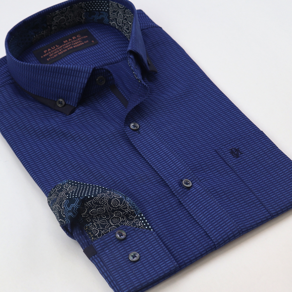 PAUL MARC เสื้อเชิ้ตสีน้ำเงินปกติดกระดุม button down แขนยาว slim fit ...