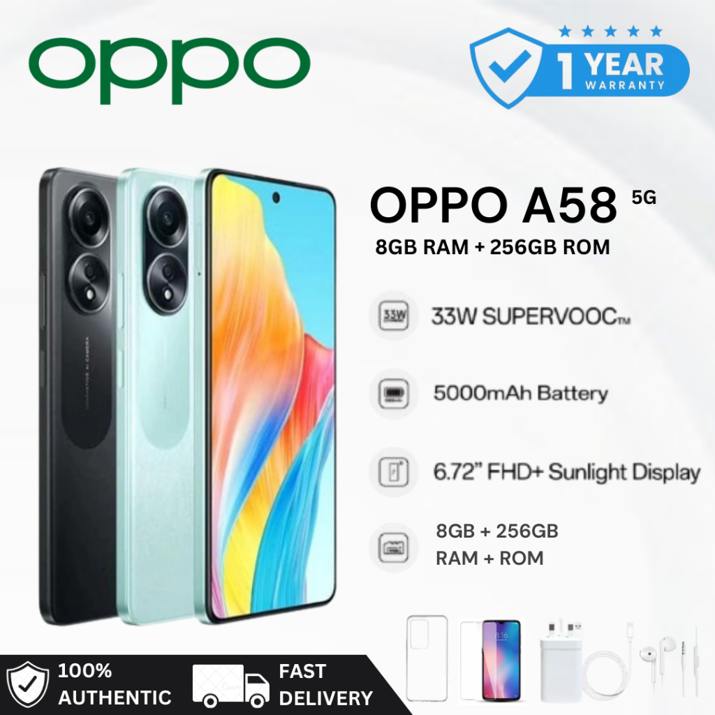 【ประกันศูนย์ 1 ปี】OPPO A58 RAM 6GB ROM 128GB หน้าจอ 6.72 นิ้ว กล้อง 50MP + 2MP แบตเตอรี่ 5 ...