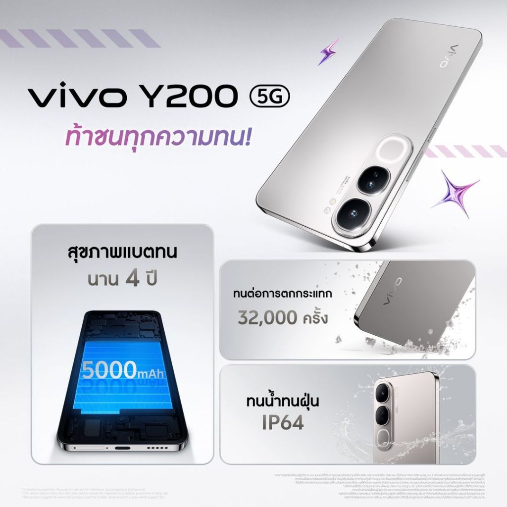 ใหม่ vivo Y200 5G 8/12GB+256/512GB - CPU:Snapdragon4Gen 2 ทนน้ำทนฝุ่น IP64 ชาร์จไว 80W+5000mAh ...