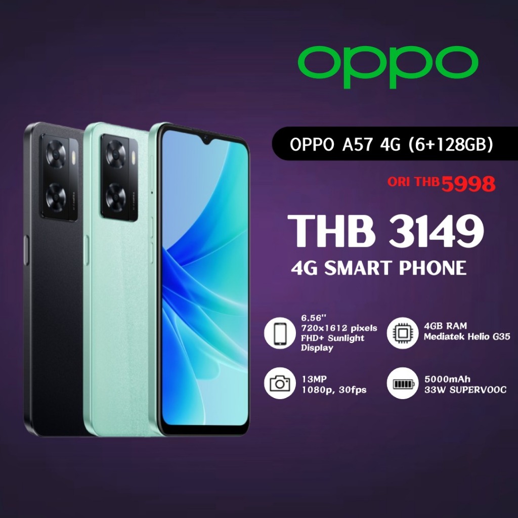 OPPO A57 (6G+128G) โทรศัพท์มือถือ ออปโป้ 6.56 นิ้ว ชาร์จเร็ว 33W แบต 5000mAh ประกันร้าน 1 ปี ...