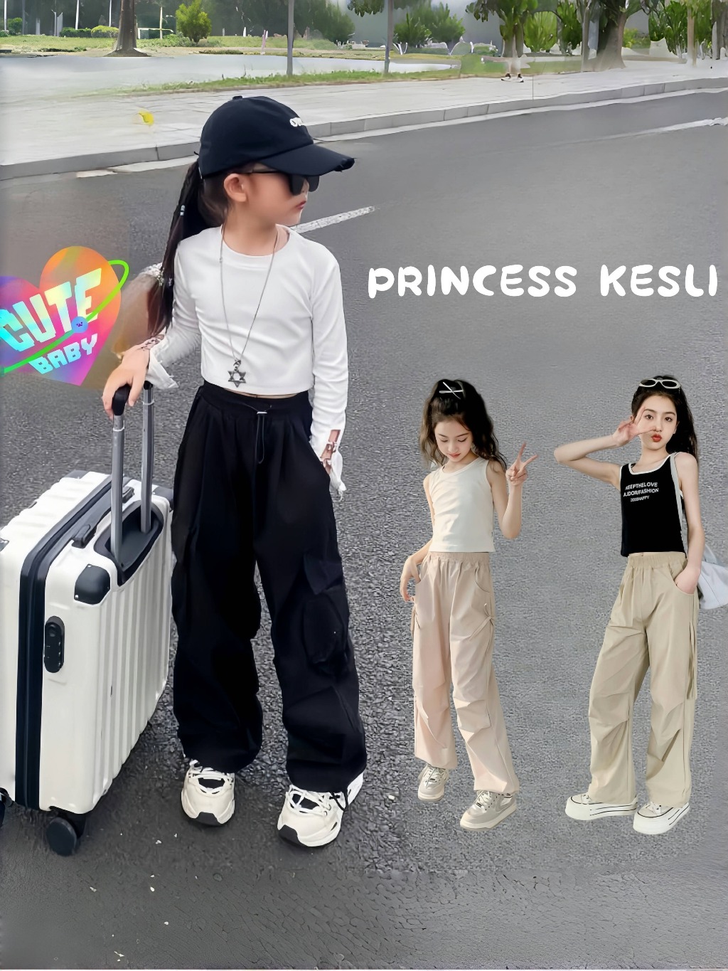 PRINCESS KESLI กางเกงคาร์โก้เด็ก ขายาวกว้าง สไตล์กีฬา ฮิปฮอปลำลอง ทรง ...